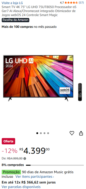 PARCELADO | Smart TV 4K 75" LG UHD 75UT8050 Alexa/Chromecast integrado ...