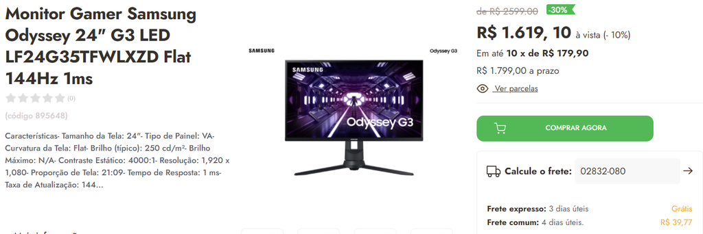Monitor Gamer Samsung Odyssey 24" G3 LED LF24G35TFWLXZD Flat 144Hz 1ms ...