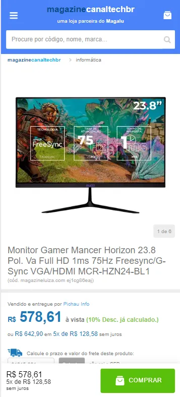 Monitor Gamer Mancer Horizon 23.8 Pol. Va Full HD 1ms 75Hz Freesync/G ...