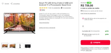 Smart TV LED 24 hq 2 hdmi 2 USB wi-fi Android 11 e Processador Quad ...