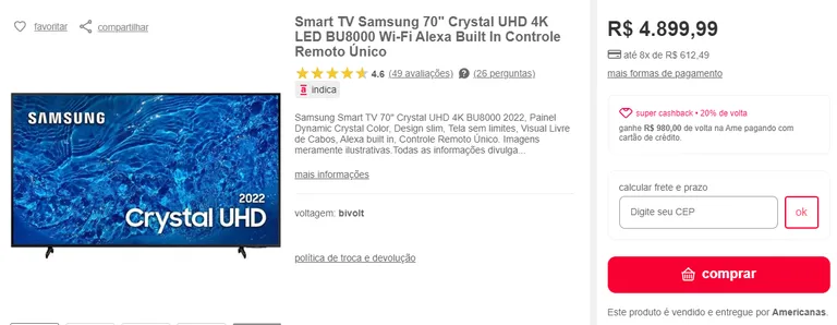 Smart TV Samsung 70" Crystal UHD 4K LED BU8000 Wi-Fi Alexa Built In ...