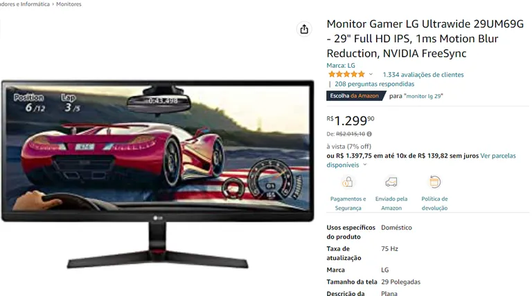 Monitor Gamer LG Ultrawide 29UM69G - 29" Full HD IPS, 1ms Motion Blur ...