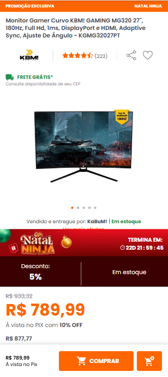 Monitor Gamer Curvo KBM! GAMING MG320 27", 180Hz, Full Hd, 1ms, DisplayPort e HDMI, Adaptive ...