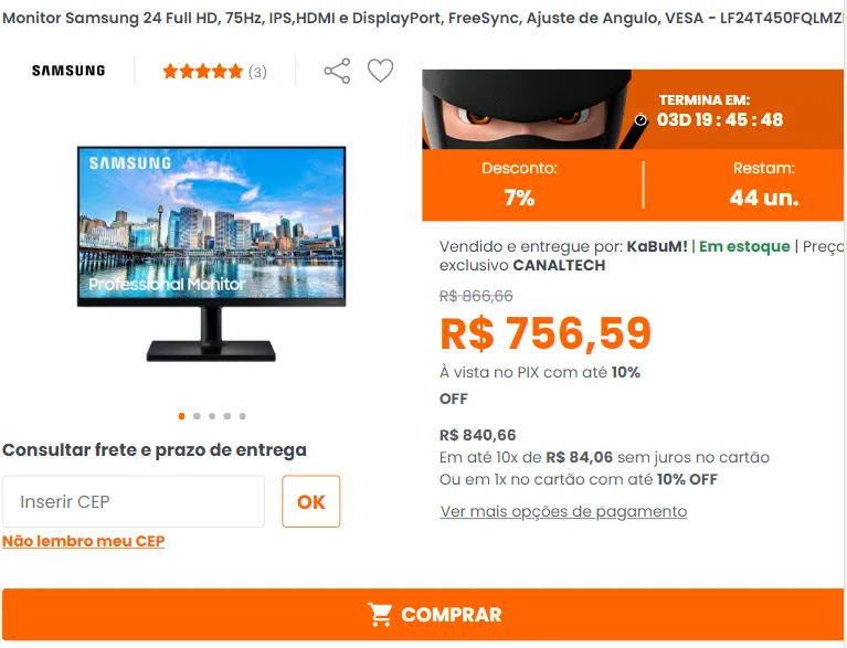 Monitor Samsung 24 Full HD, 75Hz, IPS,HDMI e DisplayPort, FreeSync ...