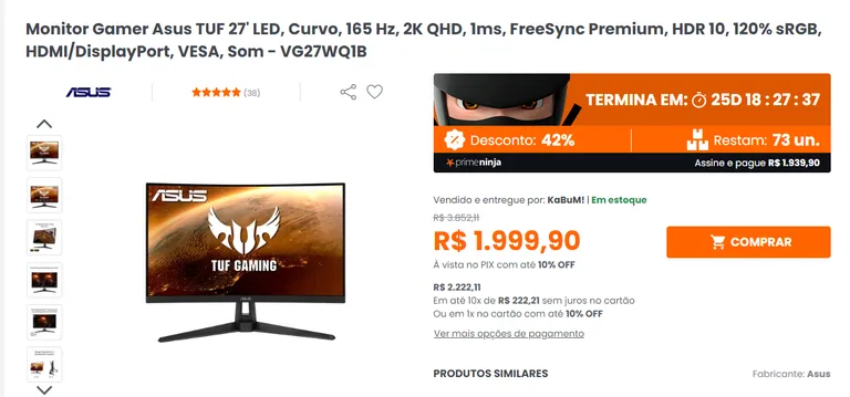 Monitor Gamer Asus TUF 27' LED, Curvo, 165 Hz, 2K QHD, 1ms, FreeSync ...