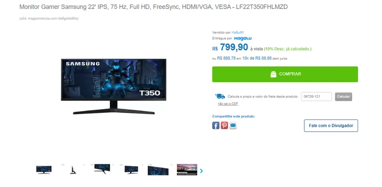 Monitor Gamer Samsung 22' IPS, 75 Hz, Full HD, FreeSync, HDMI/VGA, VESA ...