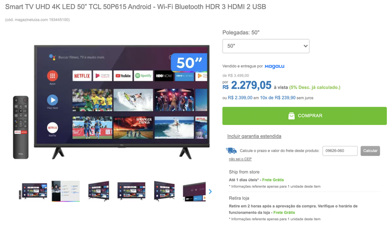 Smart TV UHD 4K LED 50” TCL 50P615 Android - Wi-Fi Bluetooth HDR 3 HDMI ...