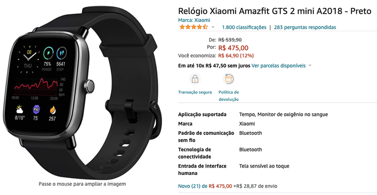 Relógio Xiaomi Amazfit GTS 2 mini A2018 - Preto - Canaltech Ofertas