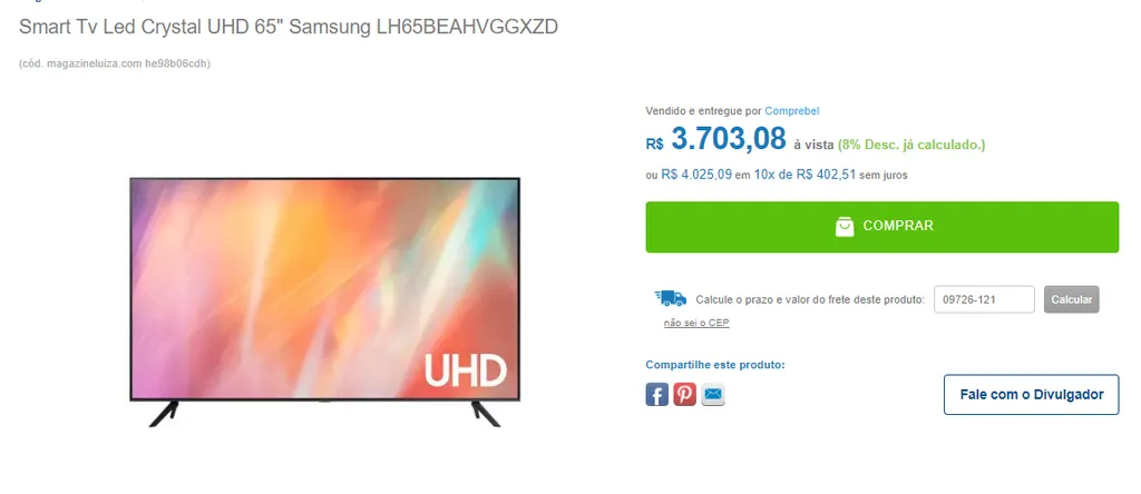 Smart Tv Led Crystal UHD 65" Samsung LH65BEAHVGGXZD - Canaltech Ofertas