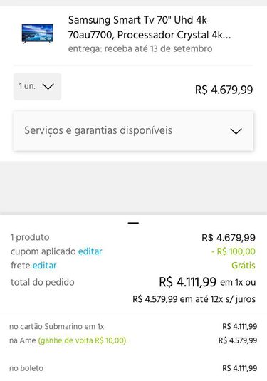 Samsung Smart Tv 70" Uhd 4k 70au7700, Processador Crystal 4k, Tela Sem ...