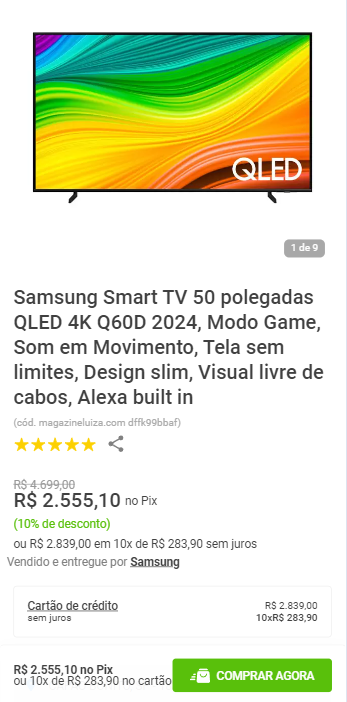 Samsung Smart TV 50 polegadas QLED 4K Q60D 2024, Modo Game, Design slim ...