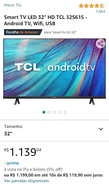 Smart TV LED 32" HD TCL 32S615 - Android TV, Wifi, USB - Canaltech Ofertas
