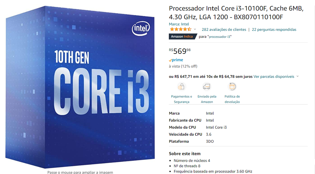 Processador Intel Core i3-10100F, Cache 6MB, 4.30 GHz, LGA 1200 - BX8070110100F - Canaltech Ofertas