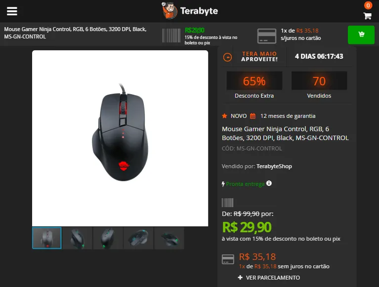 Mouse Gamer Ninja Control, RGB, 6 Botões, 3200 DPI, Black, MS-GN ...