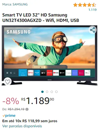 Smart TV LED 32" HD Samsung UN32T4300AGXZD - Wifi, HDMI, USB ...