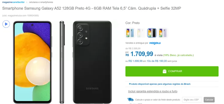 Smartphone Samsung Galaxy A52 128GB Preto 4G - 6GB RAM Tela 6,5” Câm. Quádrupla + Selfie 32MP ...