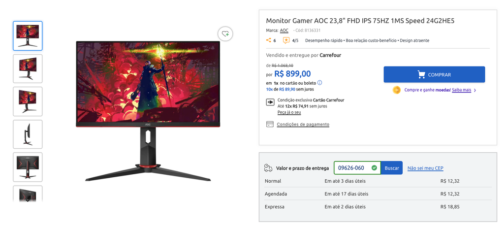 Monitor Gamer AOC 23,8" FHD IPS 75HZ 1MS Speed 24G2HE5 - Canaltech Ofertas