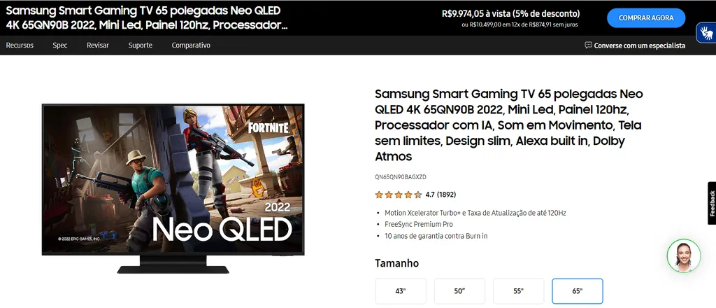 Samsung Smart Gaming TV 65 polegadas Neo QLED 4K 65QN90B 2022, Mini Led, Painel 120hz ...