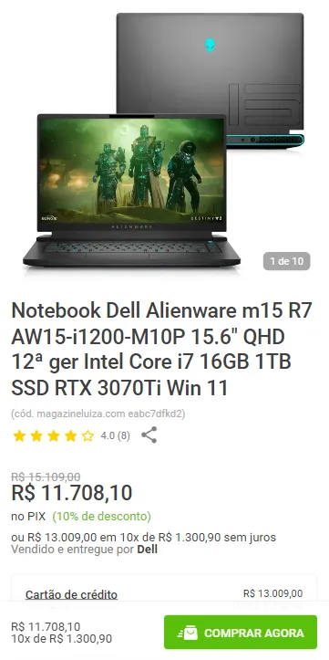 Notebook Dell Alienware m15 R7 AW15-i1200-M10P 15.6" QHD 12ª ger Intel ...