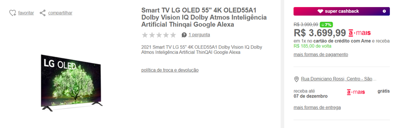 Smart TV LG OLED 55" 4K OLED55A1 Dolby Vision IQ Dolby Atmos ...