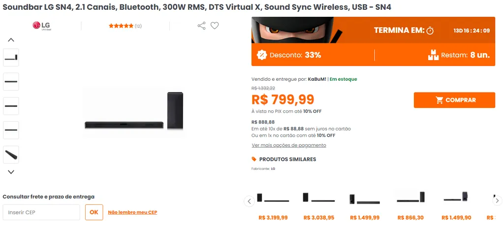 Soundbar LG SN4, 2.1 Canais, 300W RMS, DTS Virtual X, Sound Sync Wireless, Bluetooth, USB - SN4 ...