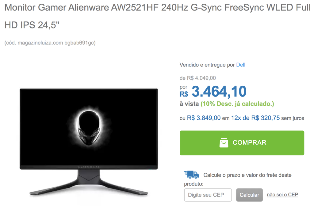 Monitor Gamer Alienware AW2521HF 240Hz G-Sync FreeSync WLED Full HD IPS ...