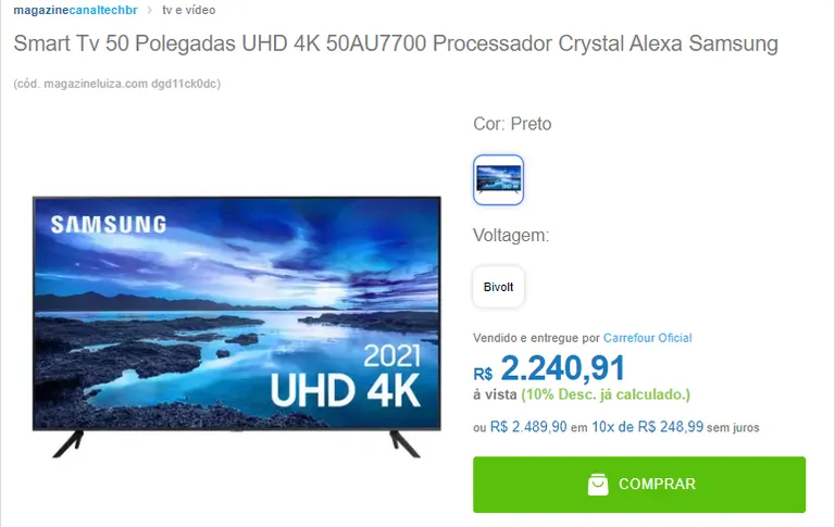 Smart Tv 50 Polegadas UHD 4K 50AU7700 Processador Crystal Alexa Samsung - Canaltech Ofertas