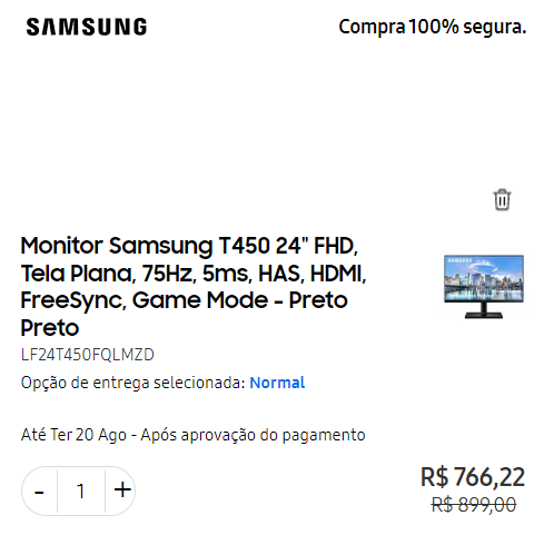 Monitor Samsung T450, 24", FHD, Painel IPS, 75Hz, 5ms, HDMI, FreeSync ...