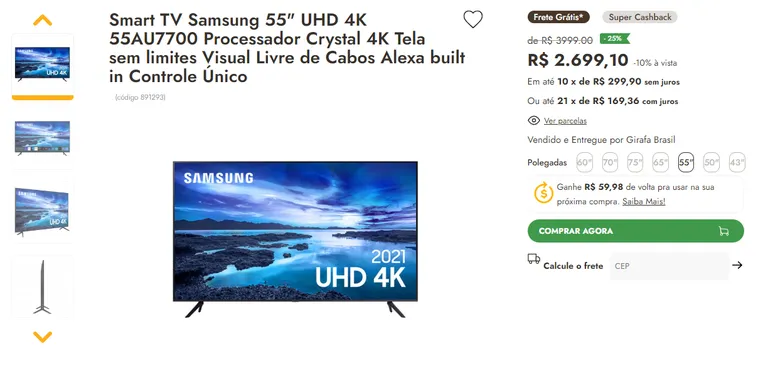 Smart TV Samsung 55" UHD 4K 55AU7700 Processador Crystal 4K Tela sem ...