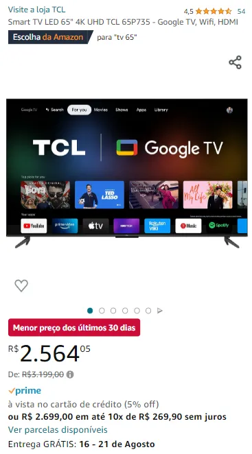 Smart TV LED 65" 4K UHD TCL 65P735 - Google TV, Wifi, HDMI - Canaltech ...