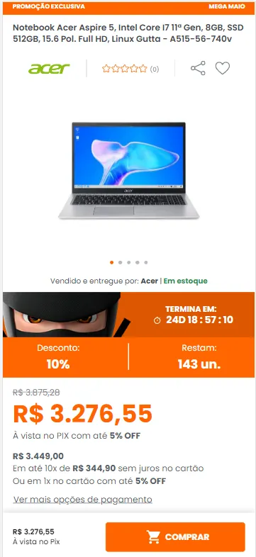 Notebook Acer Aspire 5, Intel Core I7 11ª Gen, 8GB, SSD 512GB, 15.6 Pol ...