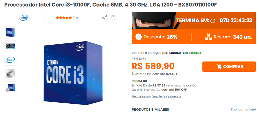 Processador Intel Core i3-10100F, Cache 6MB, 4.30 GHz, LGA 1200 - BX8070110100F - Canaltech Ofertas