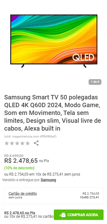 Samsung Smart TV 50 polegadas QLED 4K Q60D 2024, Modo Game, Design slim ...