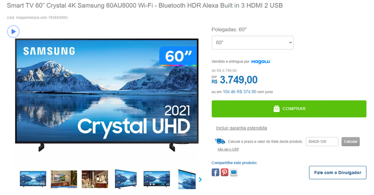 Smart TV 60” Crystal 4K Samsung 60AU8000 Wi-Fi - Bluetooth HDR Alexa ...