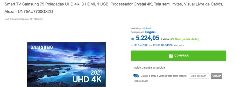 Smart TV Samsung 75 Polegadas UHD 4K, 3 HDMI, 1 USB, Processador ...