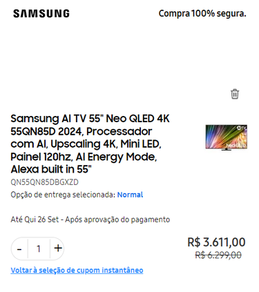 Samsung AI TV 55" Neo QLED 4K 55QN85D 2024, Processador com AI, Upscaling 4K, Mini LED, Painel ...