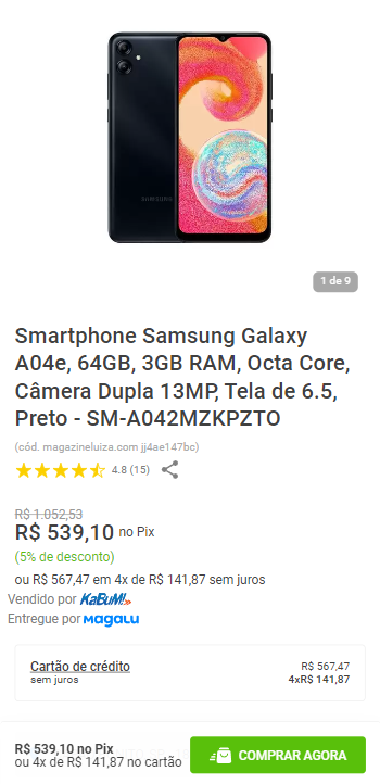 Smartphone Samsung Galaxy A04e, 64GB, 3GB RAM, Octa Core, Câmera Dupla ...