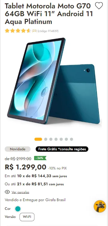 Tablet Motorola Moto G70 64GB WiFi 11" Android 11 Aqua Platinum ...