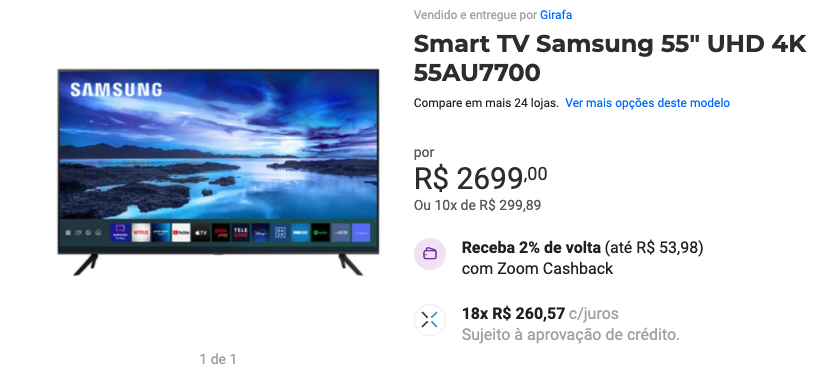 Smart TV Samsung 55" UHD 4K 55AU7700 [CASHBACK] - Canaltech Ofertas