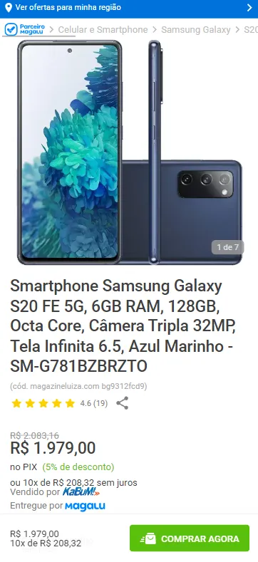 Smartphone Samsung Galaxy S20 FE 5G, 6GB RAM, 128GB, Octa Core, Câmera Tripla 32MP, Tela ...