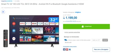 Smart TV 32” HD LED TCL S615 VA 60Hz - Android Wi-Fi e Bluetooth Google ...