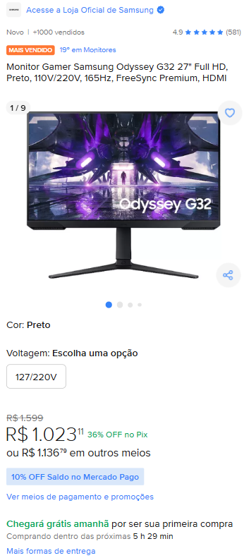 Monitor Gamer Samsung Odyssey G32 27" FHD 165 Hz, 1ms, HDMI, FreeSync ...