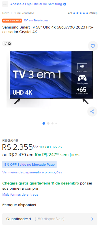 Samsung Smart TV 58'' UHD 4K 58CU7700 2023 Processador Crystal 4K ...