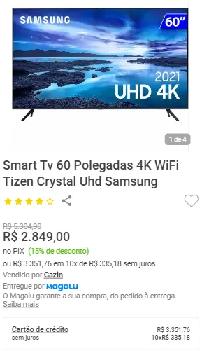 Smart TV 60" Samsung UN60AU7700GXZD 4K Wi-Fi Tizen Crystal UHD ...