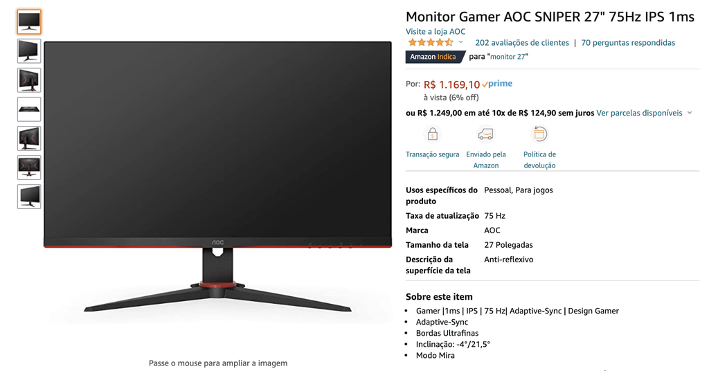 Monitor Gamer AOC SNIPER 27" 75Hz IPS 1ms - Canaltech Ofertas
