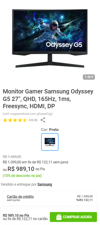 Monitor Gamer Samsung Odyssey G5 27", QHD, 165Hz, 1ms, Freesync - Canaltech Ofertas