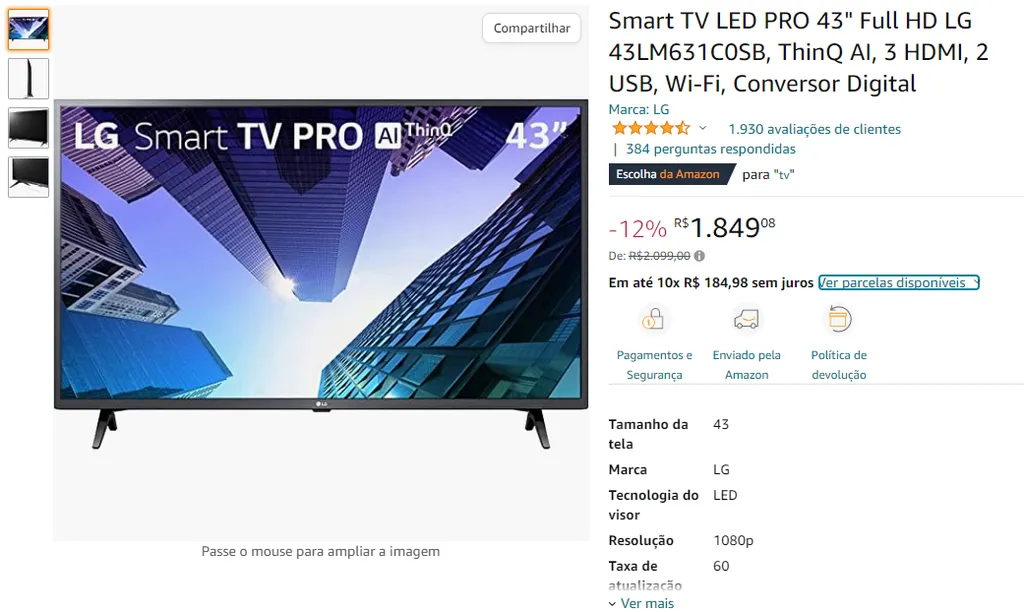Smart TV LED PRO 43" Full HD LG 43LM631C0SB, ThinQ AI, 3 HDMI, 2 USB, Wi-Fi, Conversor Digital ...