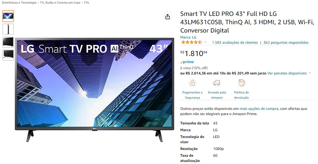 Smart TV LED PRO 43" Full HD LG 43LM631C0SB, ThinQ AI, 3 HDMI, 2 USB ...