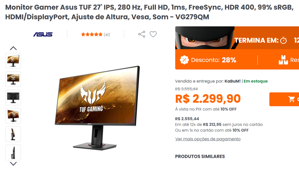 Monitor Gamer Asus TUF 27' IPS, 280 Hz, Full HD, 1ms, FreeSync, HDR 400 ...