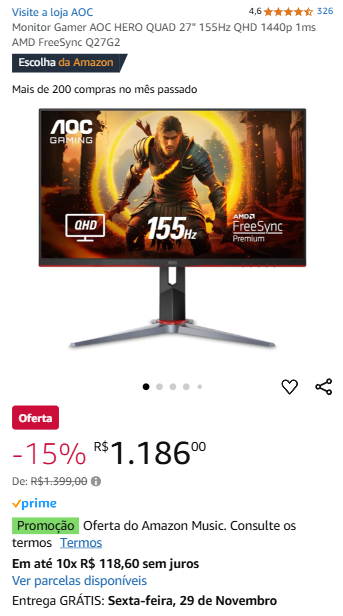 PARCELADO | Monitor Gamer AOC HERO QUAD 27" 155Hz QHD 1440p 1ms AMD ...